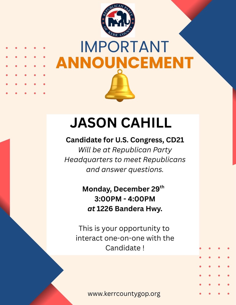 Meet and Greet Jason Cahill, Candidate for CD21 - December 2025 - Kerr ...